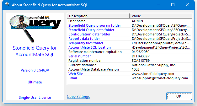 Help Menu - Stonefield Query