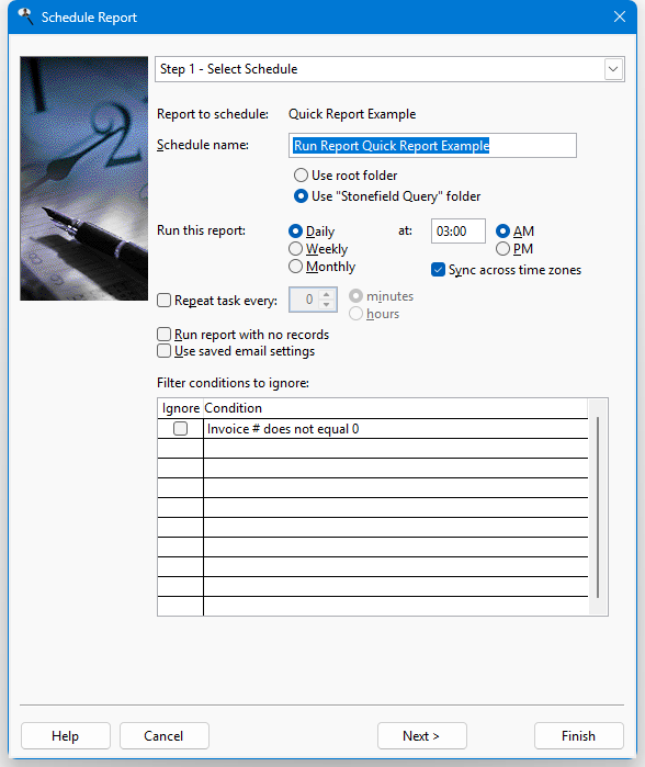 Scheduling Reports - Stonefield Query