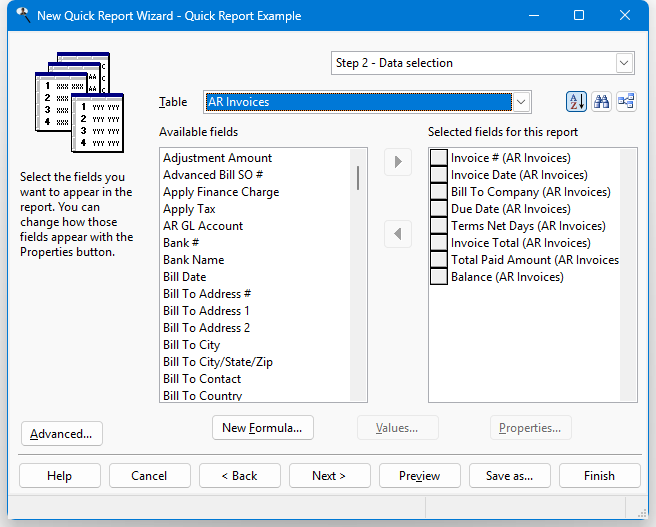 Step 2: Data Selection (Quick Report) - Stonefield Query