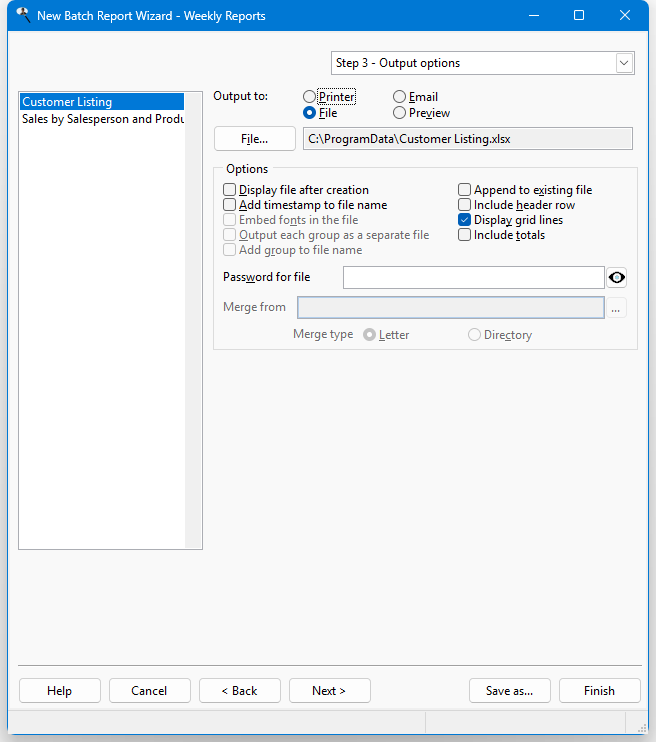 Step 3: Output Options (Batch Report) - Stonefield Query