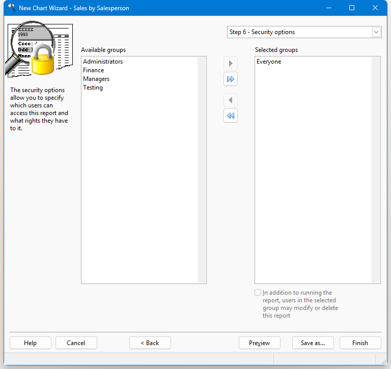 Step 6: Security Options (Chart Report) - Stonefield Query