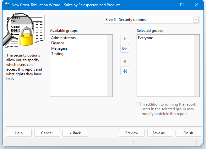 Step 6: Security Options (Cross-Tab Report) - Stonefield Query