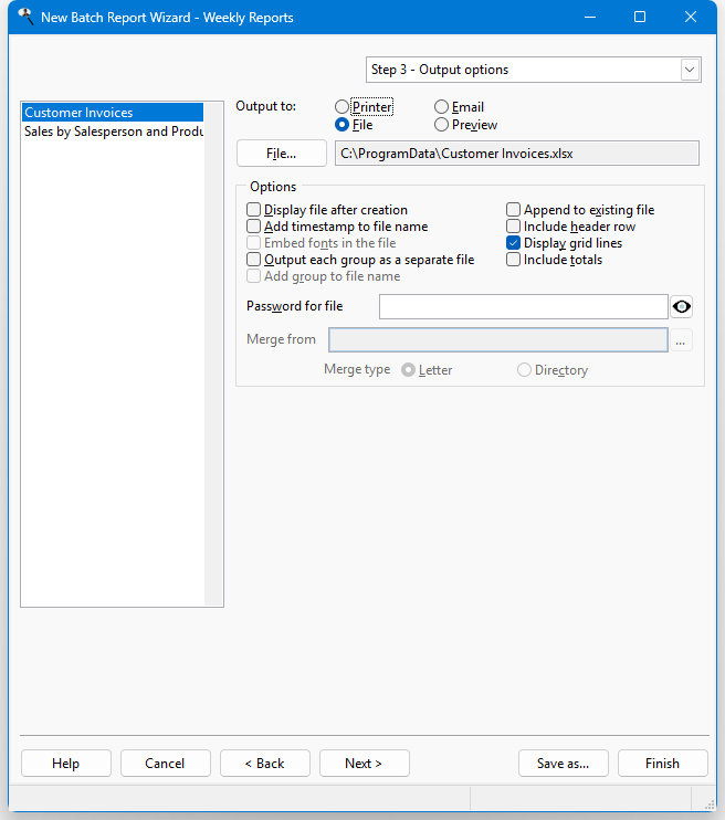 Step 3: Output Options (Batch Report) - Stonefield Query