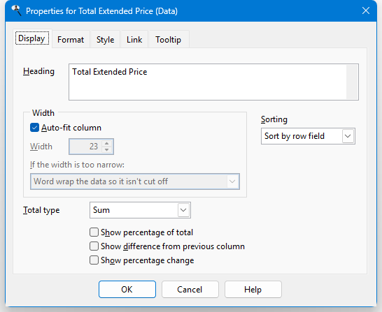 Field Properties (Cross-Tab Report) - Stonefield Query