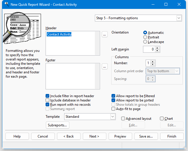 Step 5: Formatting Options (Quick Report) - Reporting4Act!